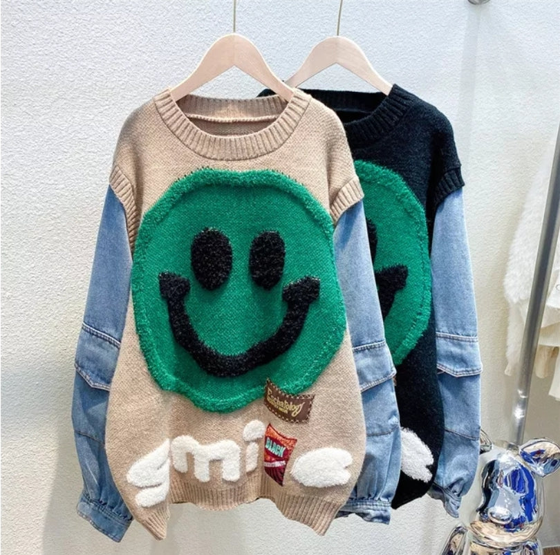 Smiley Face Denim Sweater – Obsessed Chicago Boutique